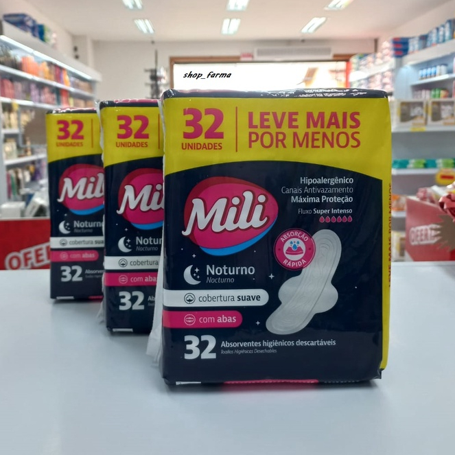 kit 3 x Absorvente Mili noturno com 32 unidades com abas recomendado ...