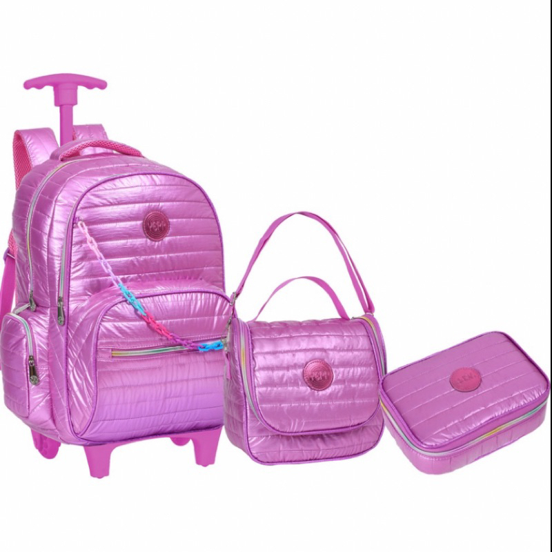 Kit Mochila Rodinha Escolar Menina Pom Pom Metalizada - Yepp | Shopee Brasil