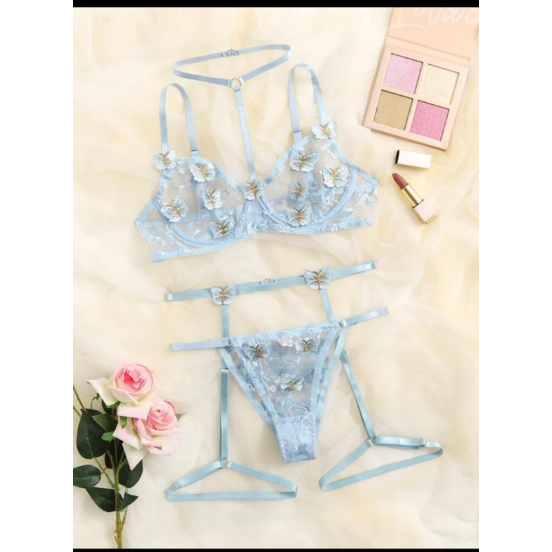 conjunto de lingerie sensual azul bebê floral com cinta liga ...