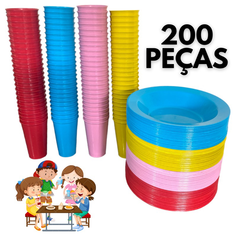 kit 200 peças atacado copo e prato fundo colorido rosa amarelo azul ...