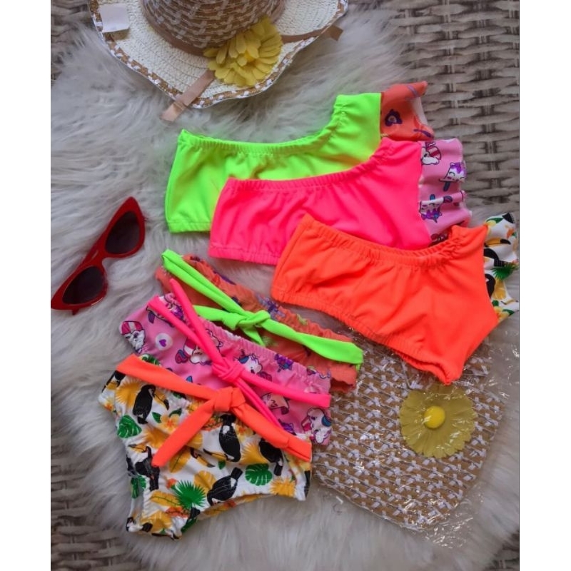 Biquini Menina Infantil Ombrinho Neon Moda Praia Piscina | Shopee Brasil
