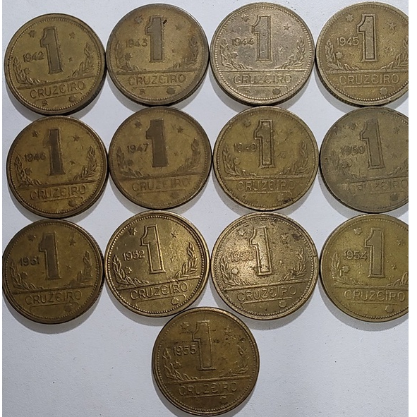 Moedas de 1 Cruzeiro de 1942, 1943, 1944, 1945, 1946, 1947, 1949, 1950, 1951, 1952, 1953, 1954 ...