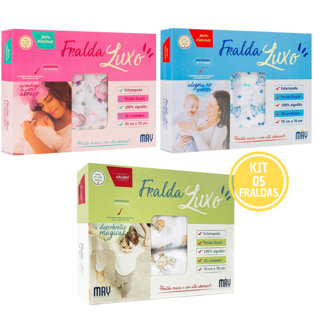 Fralda de Pano Bebê Luxo Tecido Duplo 100% Algodão Caixa C/ 5 Unidades ...