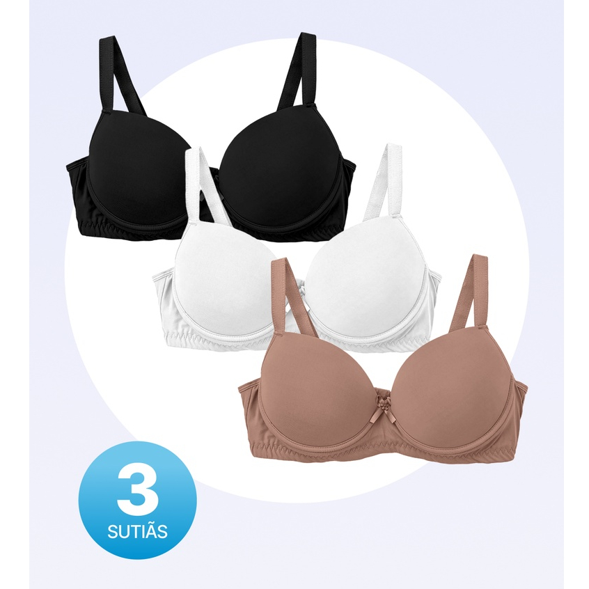KIT 3 Sutien Básico Base Reforçada Microfibra Premium Sustentação Dia a ...