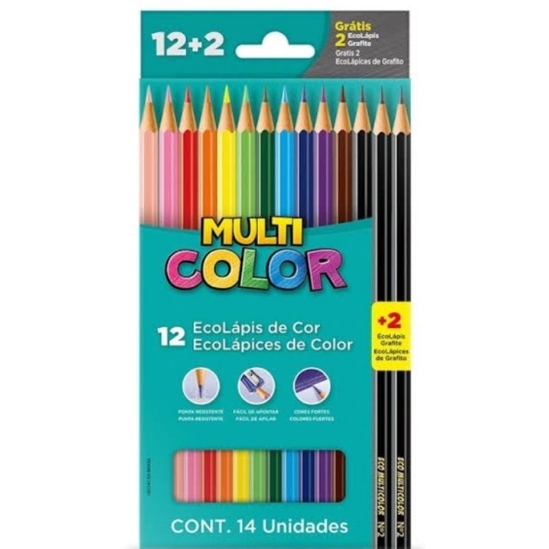Lapis de cor Multi Color - 12 lápis + 2 lápis de escrever | Shopee Brasil