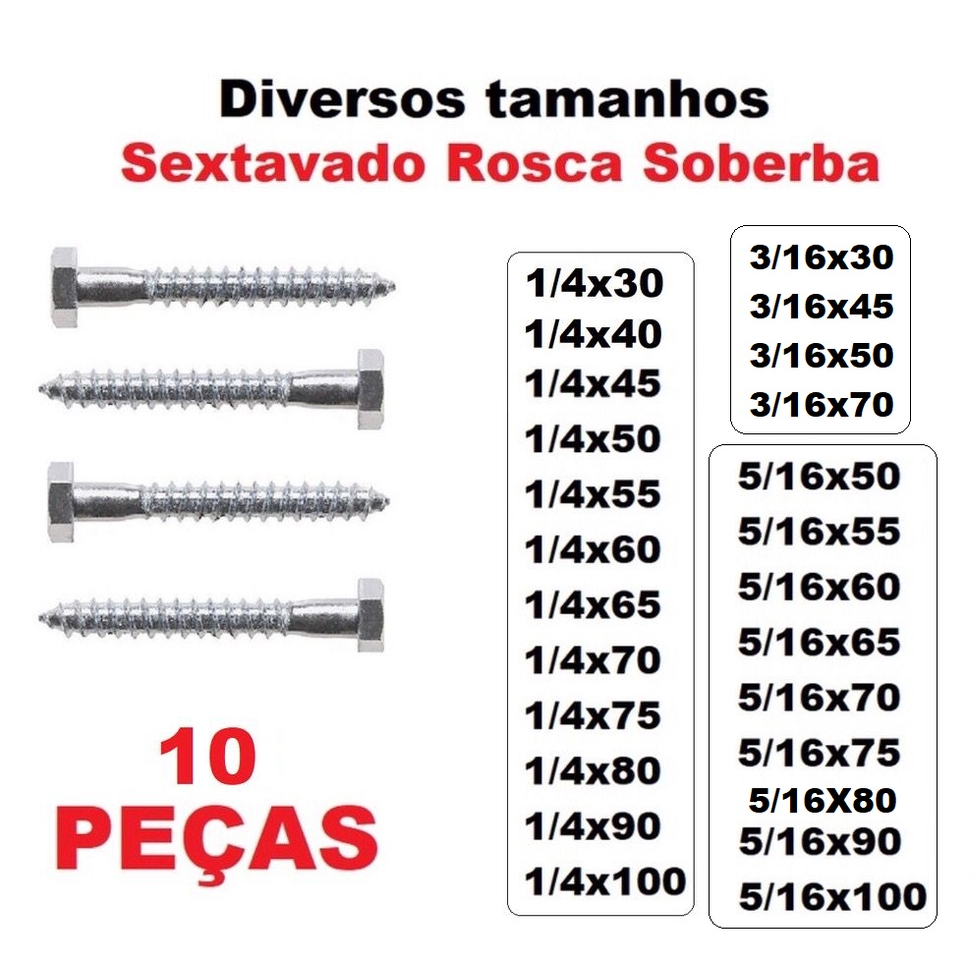 Parafuso Sextavado Rosca Soberba 1/4 - 3/16 - 5/16 - 10 PEÇAS ...