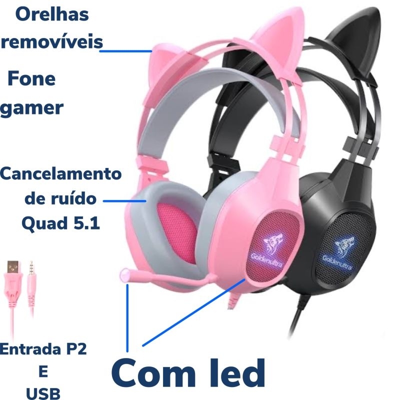 fone gamer gatinho com microfone e led entrada P2 e USB | Shopee Brasil