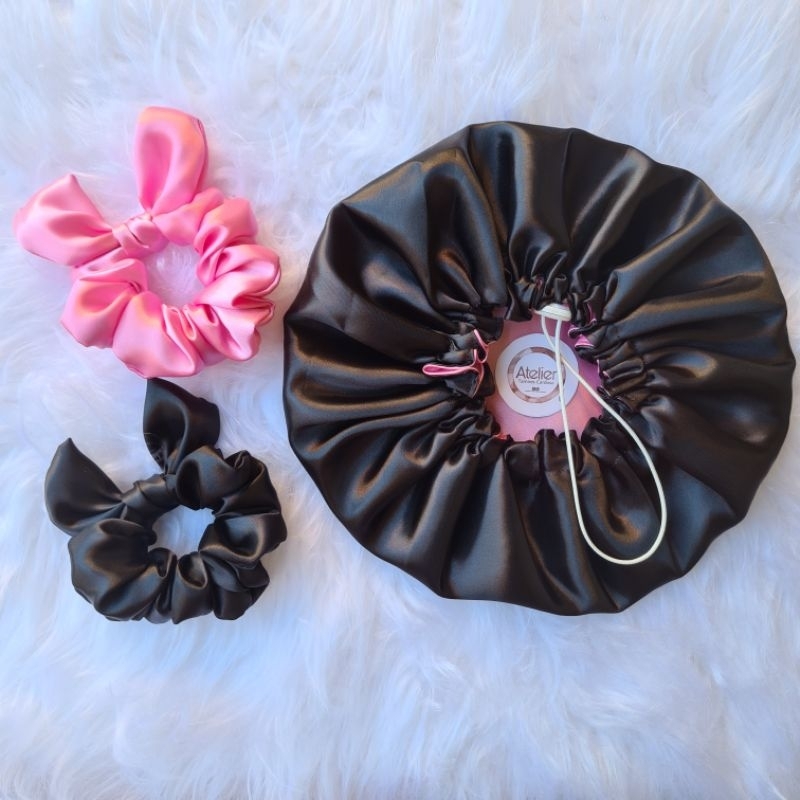 Kit 1 Touca De Cetim M Dupla Camada Regulável + 2 Scrunchies | Shopee ...