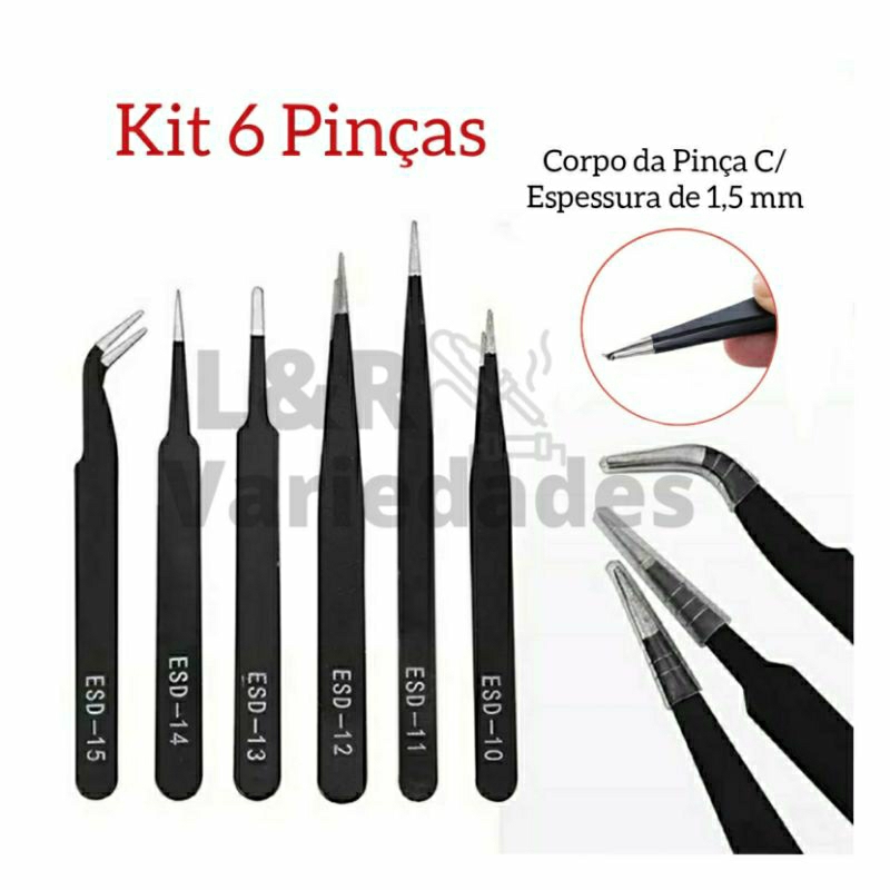 Kit 6 Pinças Antiestáticas Reparo Eletrônica Celular Artesanato ...