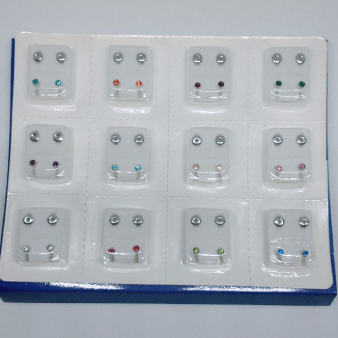 brinco perfuração brilho de strass colorido aço prata inox 12 pares ...