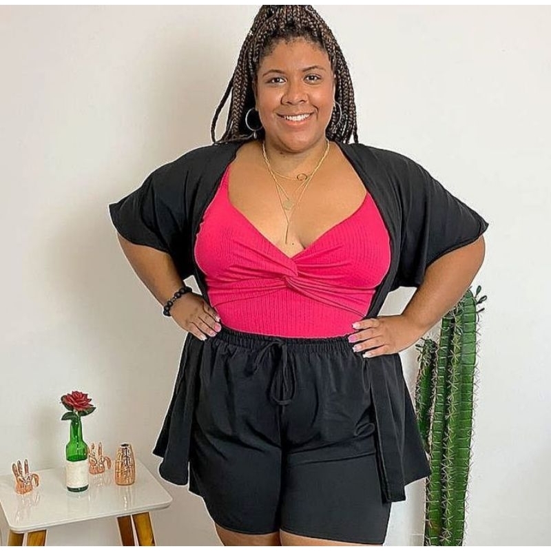 kimono plus size conjunto de casaco e shorts em viscolinho , veste do ...