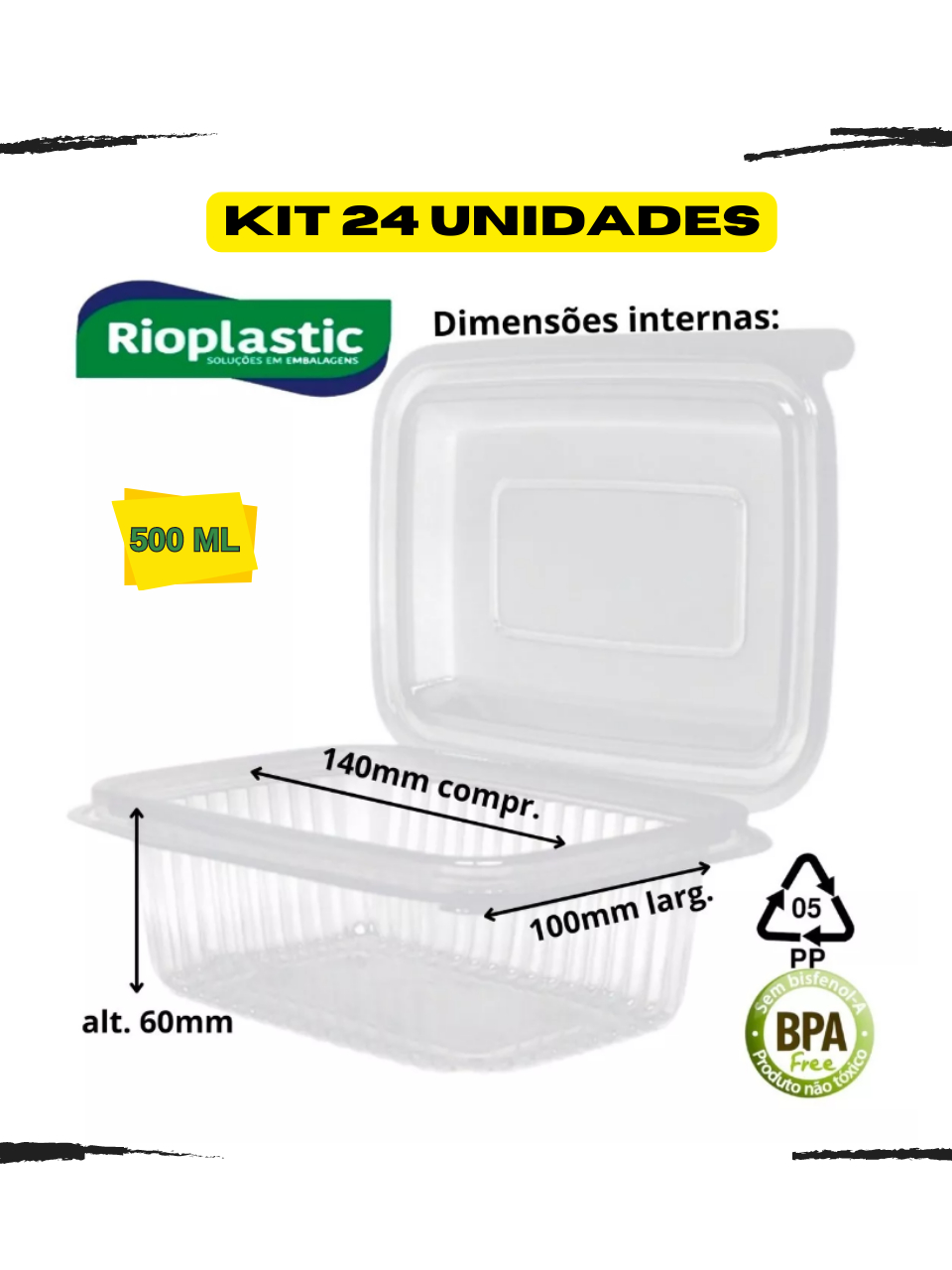 Kit 24 Unid. Pote Plastico Retangular Descartável RIOPLASCTIC 250 / 350 / 500 / 750 / 1000ml ...