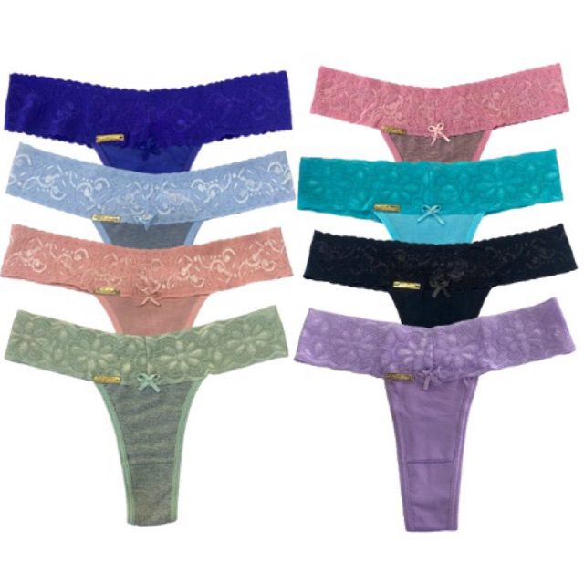 Kit 8 Calcinhas Algodão Fio Dental Lateral em Renda Modelagem Asa Delta ...