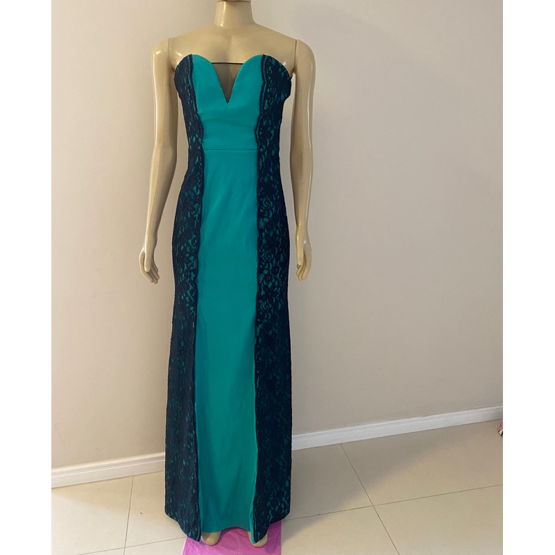 Vestido longo tamanho 44 para festa azul turquesa e preto com renda ...