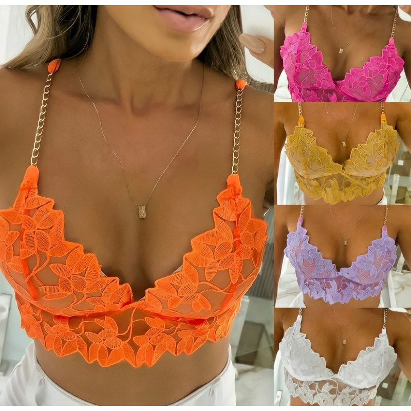 Cropped Top Luxo Feminino Sexy Renda com Alcinha Corrente Tendência Modinha | Shopee Brasil