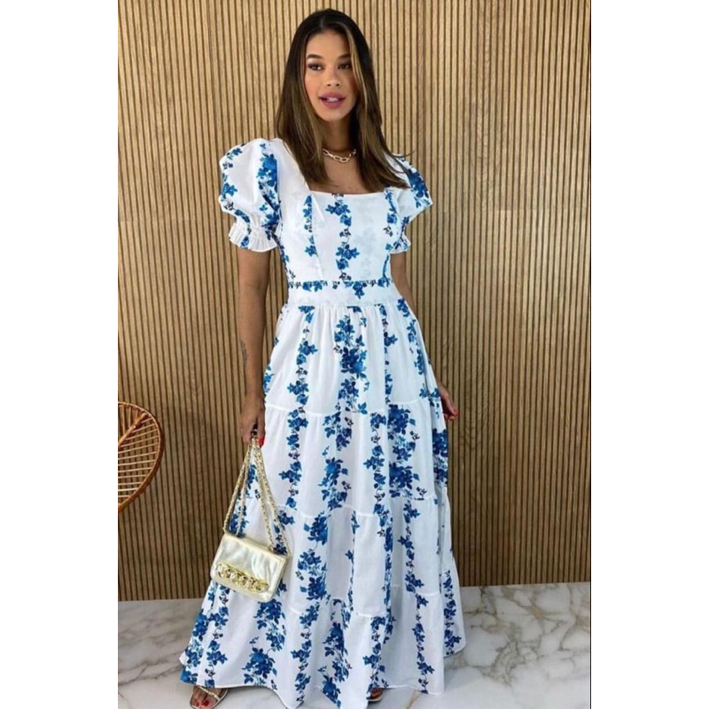 Vestido Mary longo manga bufante, elegância e estilo. | Shopee Brasil