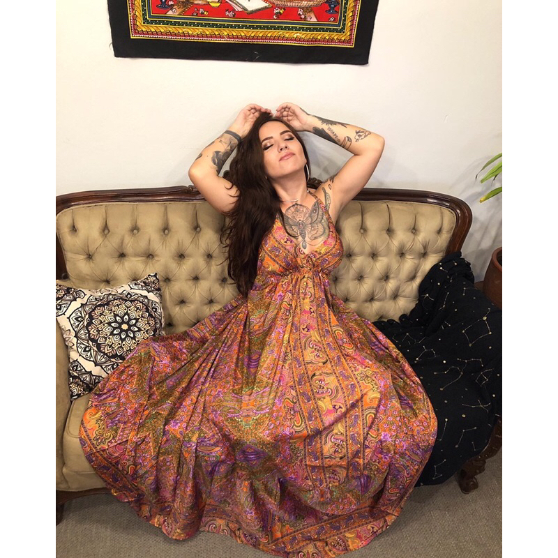 Vestido Longo Seda Indiano Costas Aberta | Shopee Brasil