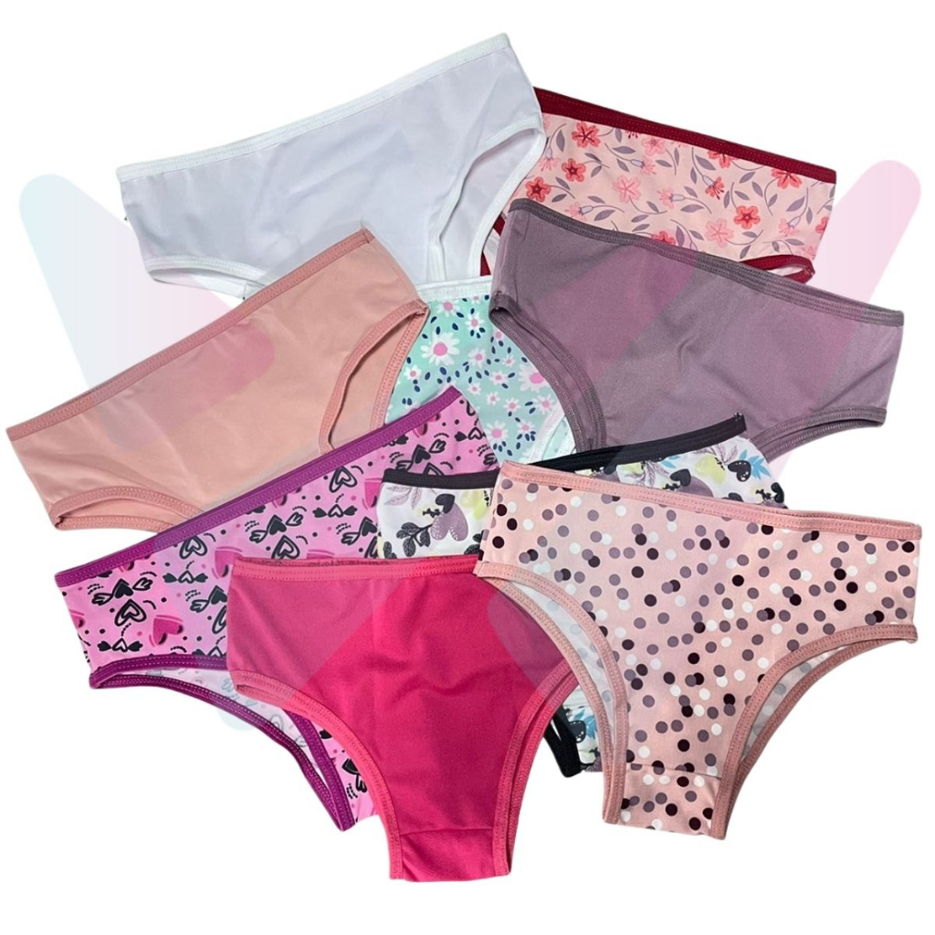Kit 10 unidades Calcinha Infantil Microfibra Colorida Estampada Lisa ...