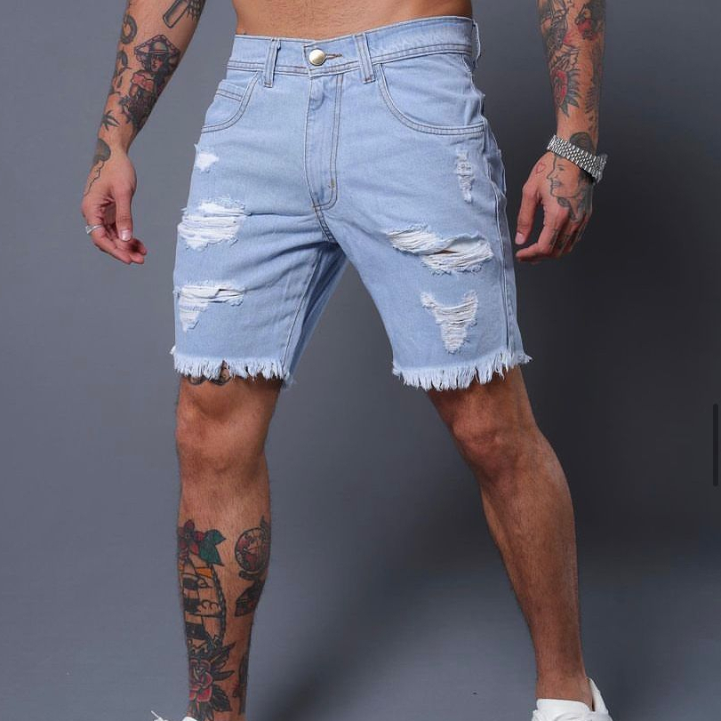 Bermuda Jeans Clara Masculina Rasgada Linha Premium Desfiada Alta
