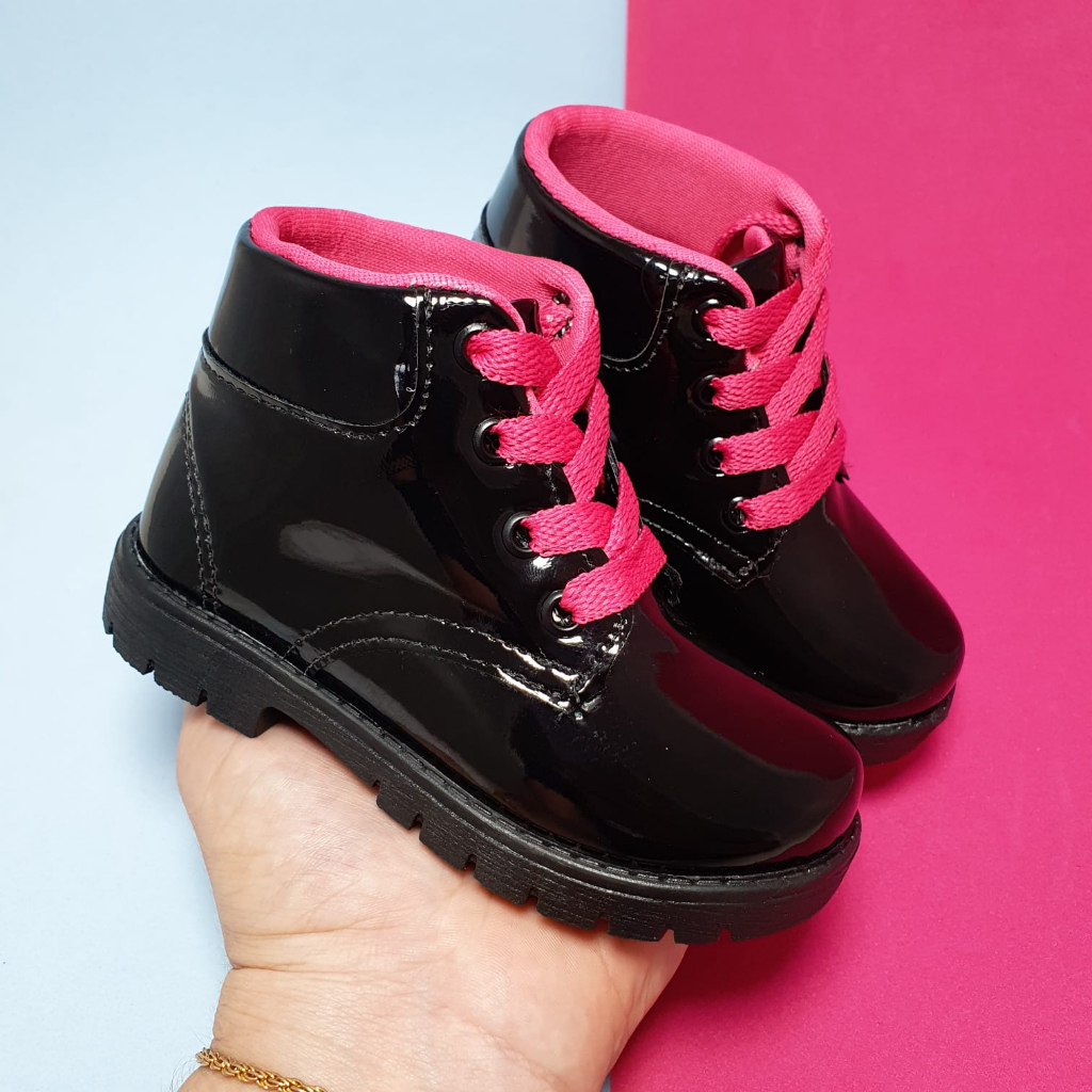 Botinha Infantil Feminina Coturno Blogueirinha Preta/Pink 20 ao 27 ...