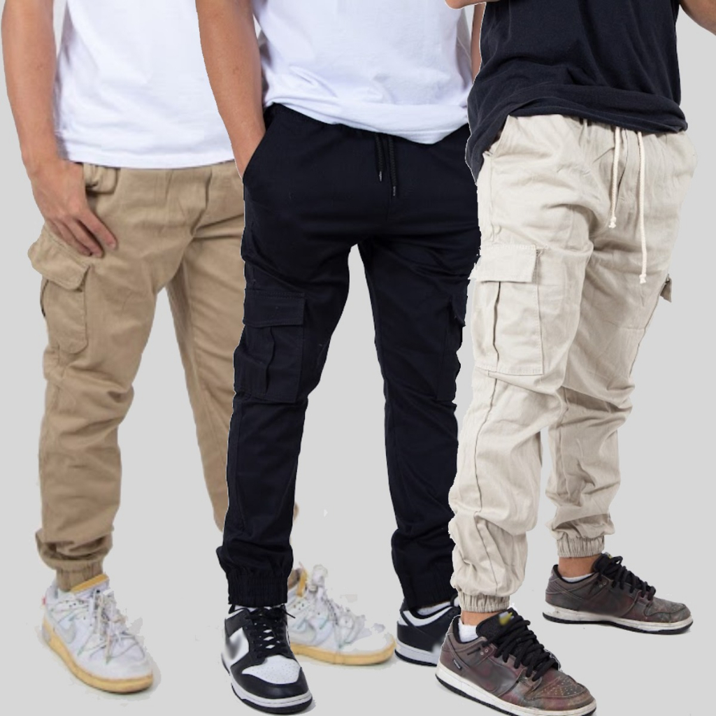 Kit 2 Calça Jogger Cargo Masculina Com Elástico Sarja E Bolso Lateral
