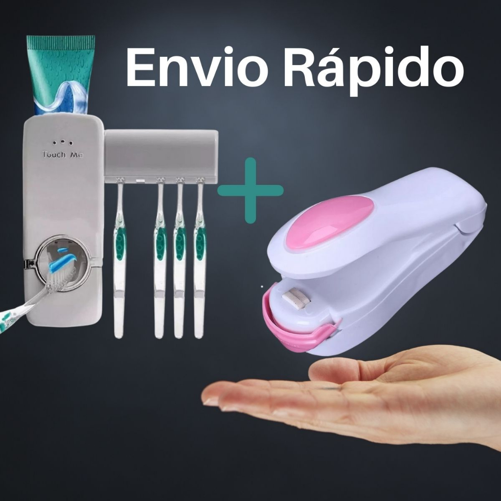 Kit com Dispenser Porta Pasta de Dente e Mini Seladora para Lacrar ...