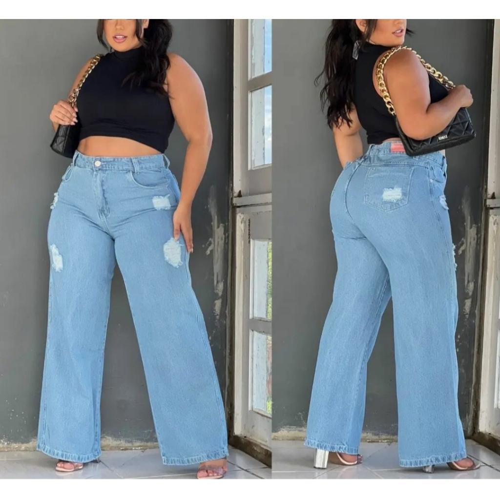 CALÇA JEANS WIDE LEG PLUS SIZE WID LEG PANTALONA 46 ao 56 | Shopee Brasil