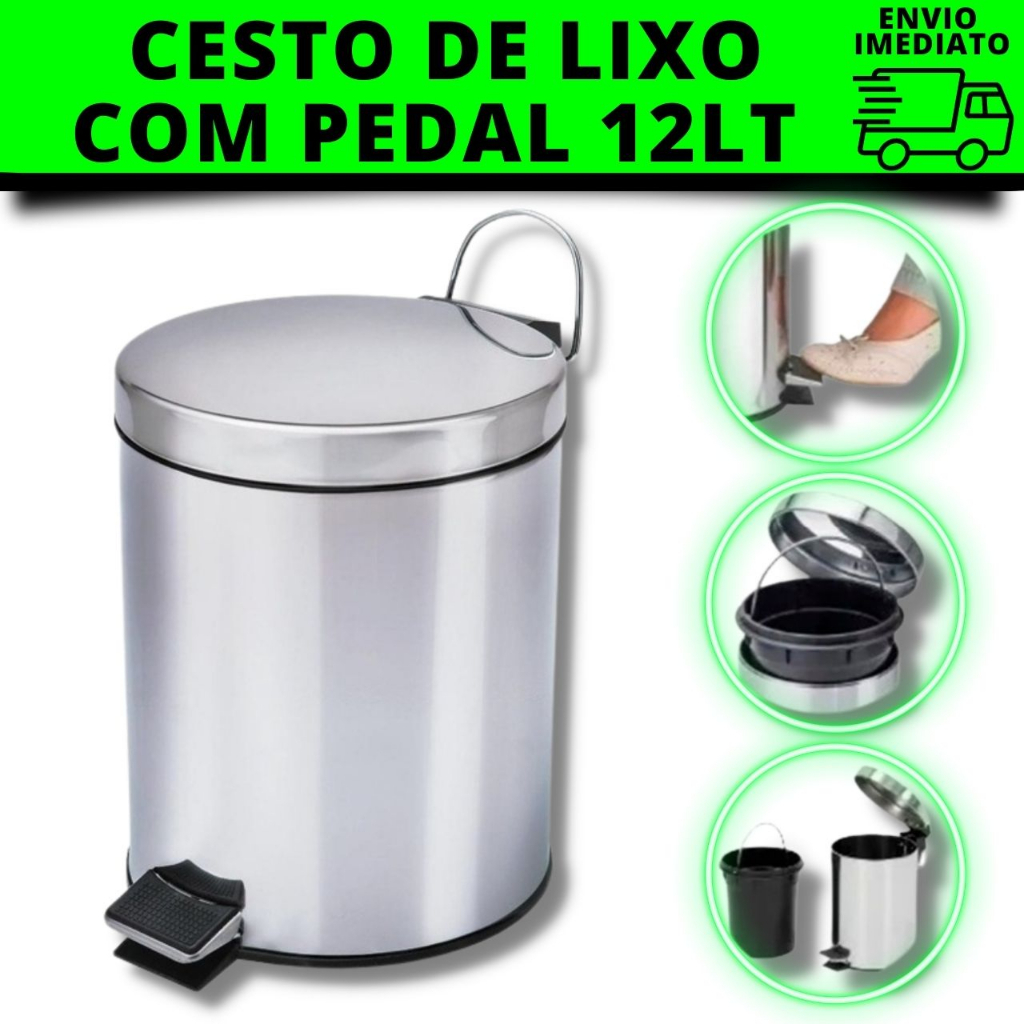 Lixeira Inox Com Pedal e Cesto Interno de Lixo 12 litros Lixo Inox ...