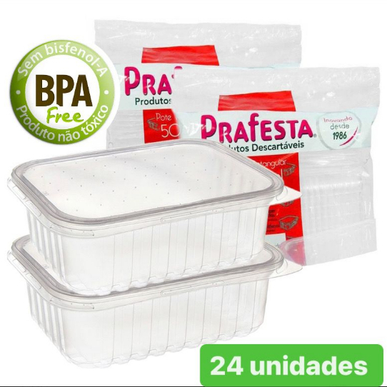 Kit 24 Unid. Pote Plastico Retangular Descartável PRAFESTA 250 / 350 / 500 / 750 / 1000ml ...