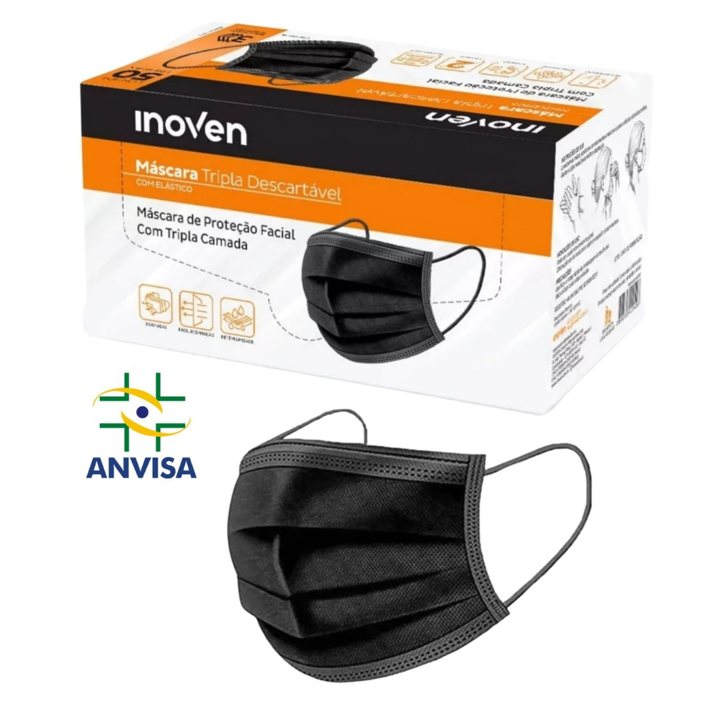 Mascara Preta Tripla Descartáveis Uso Geral Anvisa Inoven - 50 Peças ...