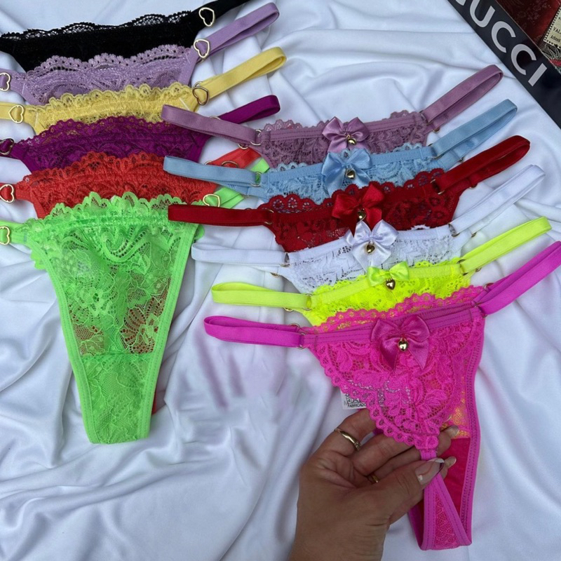 Kit 6 Calcinhas Regulagem Coração Fio Dental Em Renda E Laço Sensual