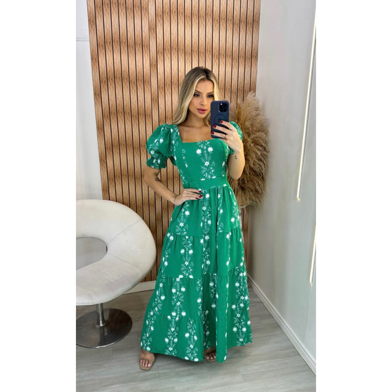 Vestido Mary longo manga bufante, elegância e estilo. | Shopee Brasil