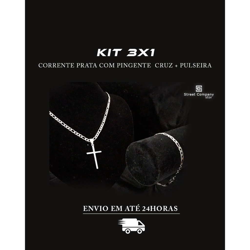 Corrente Masculina Prata 925 kit Correntinha 70 Cm Com Pingente Cruz ...