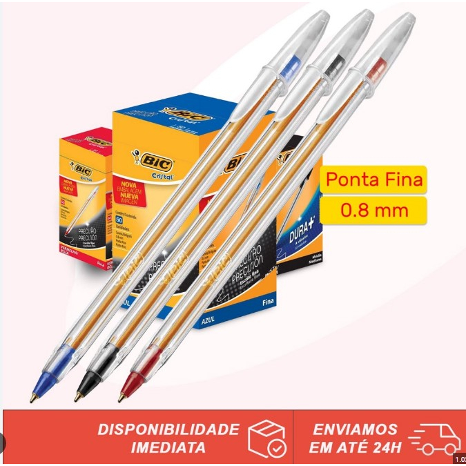 KIT 10 Canetas Bic Cristal Esferográficas 0.8mm Ponta Fina Cores Azul, Preta e Vermelha Original ...