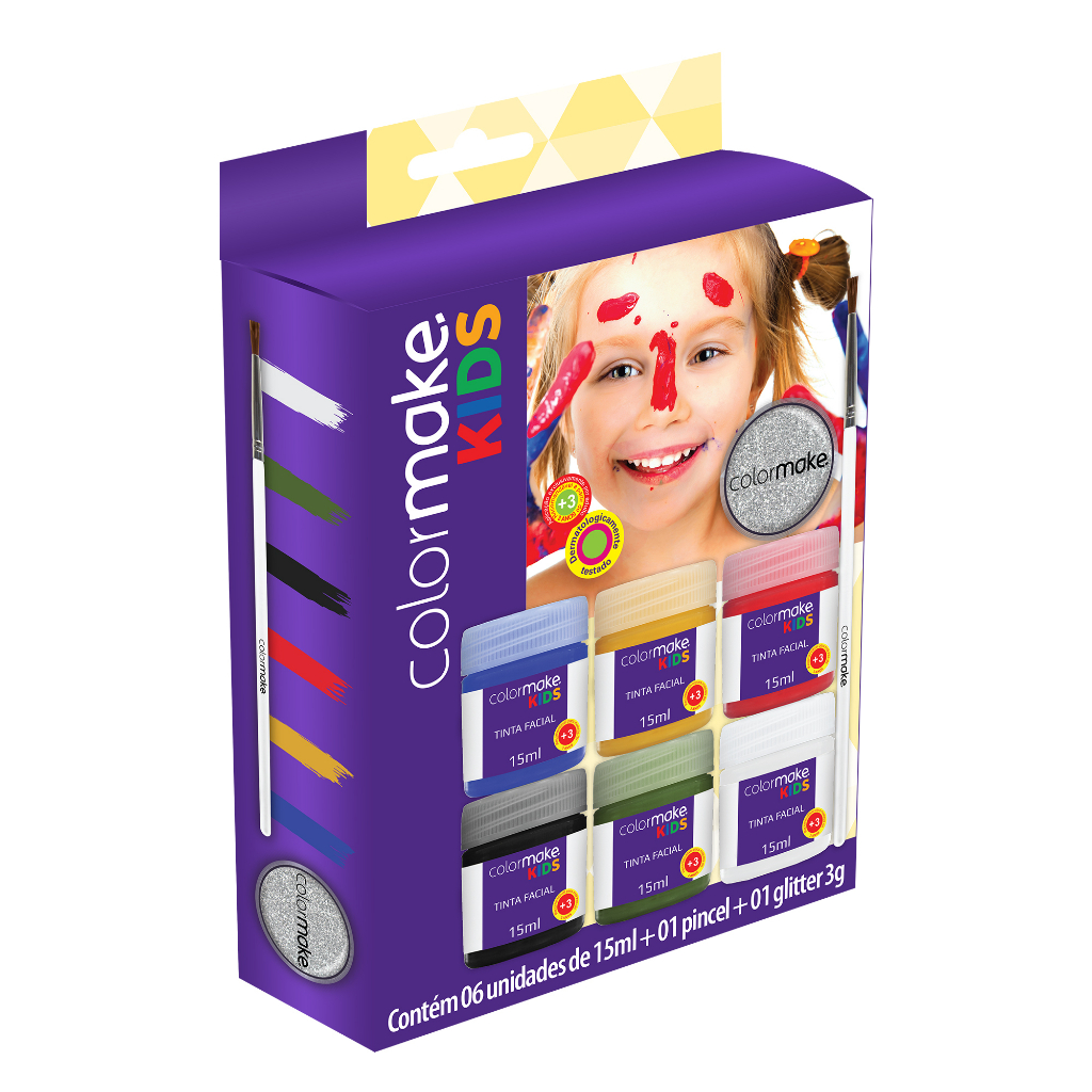 Tinta Facial Kids Colormake Infantil C/ 6 Cores + Pincel E Glitter ...