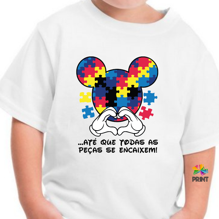 Camiseta Infantil Autismo Cabeça Mickey Até que todas as peças se ...