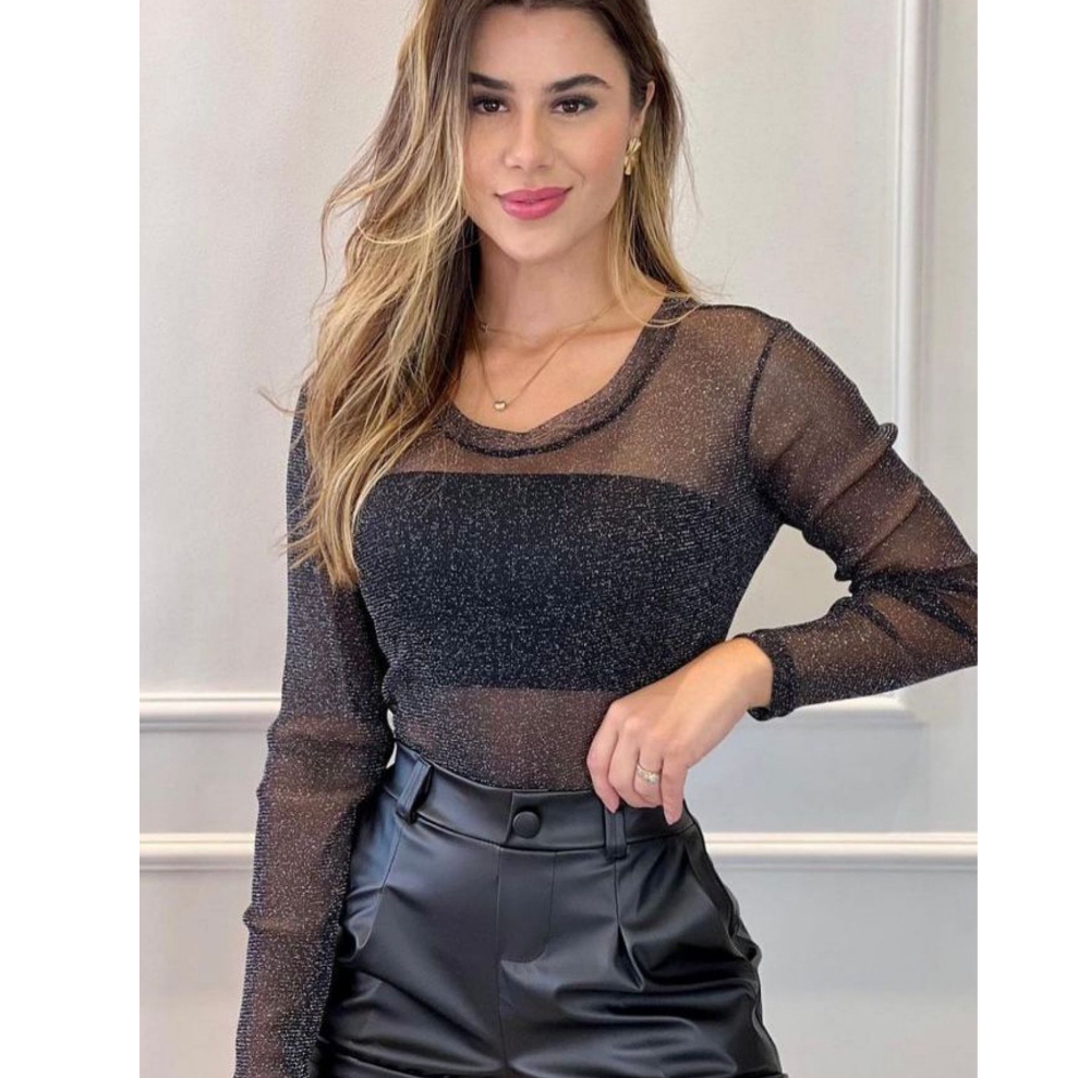 Body Tule Lurex brilhante Manga Longa Moda Feminina Tendencia | Shopee ...