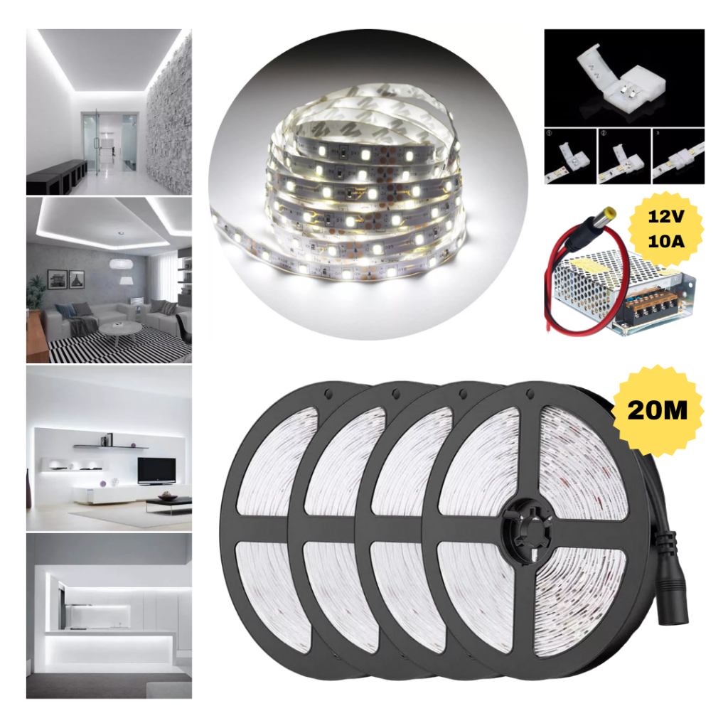 Kit 20 Metros Fita Led 3528 IP20 Branco Frio + Fonte Bivolt | Shopee Brasil
