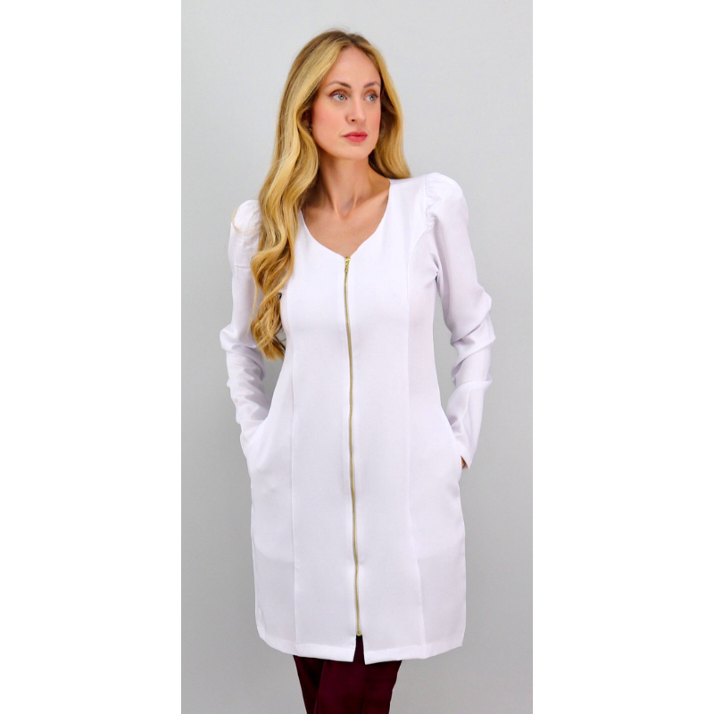 Jaleco Feminino Decote V com ziper manga bufante elastano Branco Sweet | Shopee Brasil