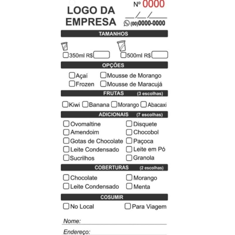 10 comandas para Bar, Lanchonete, Restaurante - 20cm x 7cm / 50folhas ...