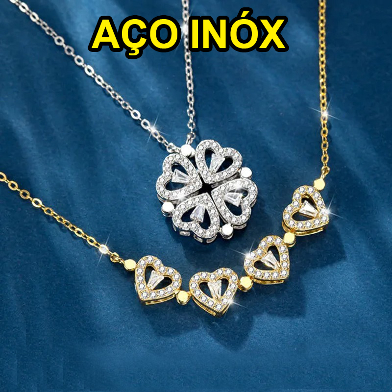 Colar Trevo Magnético Coração 4 Folhas Dobrável Metadinha Corrente Aço ...
