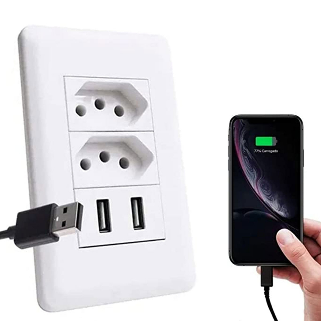 Tomada com USB De Parede Universal Fonte Duo Bivolt Celulares | Shopee ...