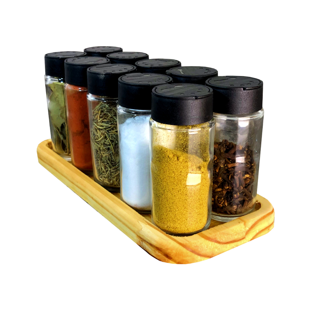 Porta Tempero Condimentos em Madeira ÁGORA - Pote De Vidro 10 Frascos ...