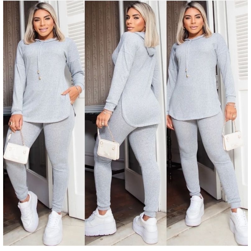 Conjunto Feminino Lanzinha Manga Longa Com Capuz | Shopee Brasil