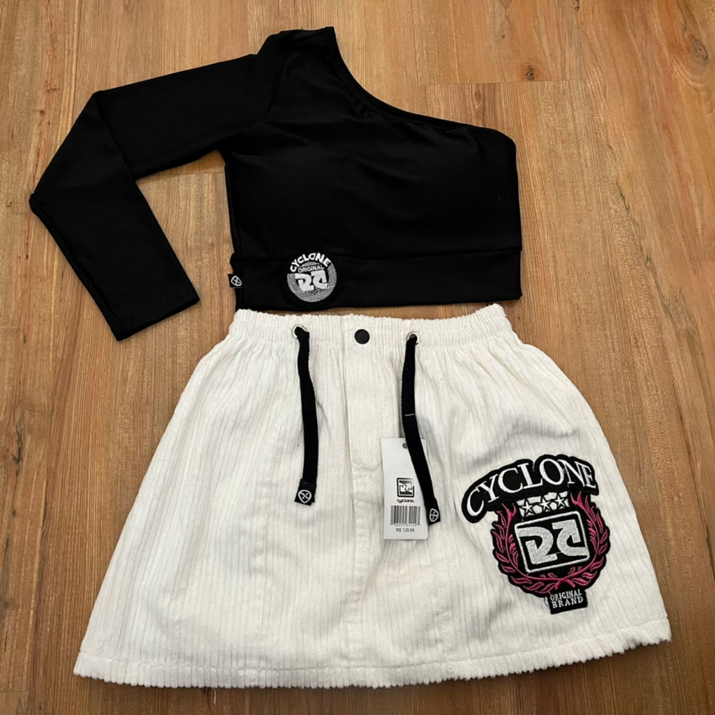Kit Saia Da Cyclone Veludo Branca Top e Cropped Uma Manga Preto ...