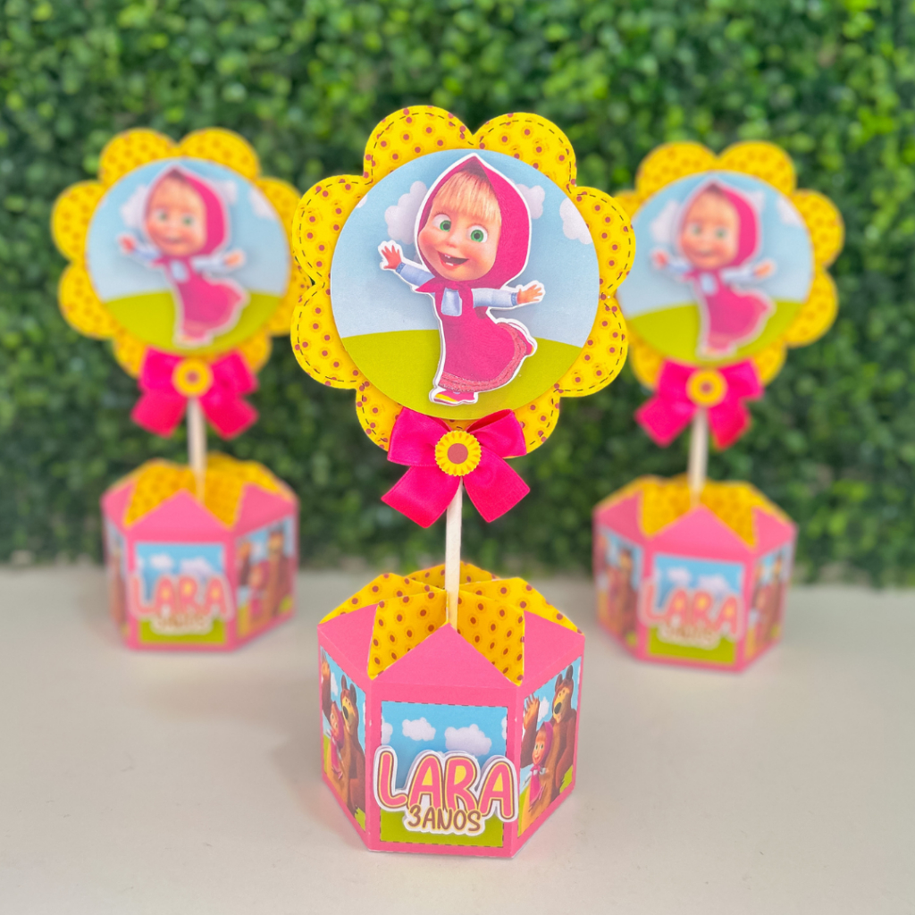 Kit de Centro de mesa Masha e o Urso | Arranjo de mesa | Enfeite de mesa | Cachepô ...