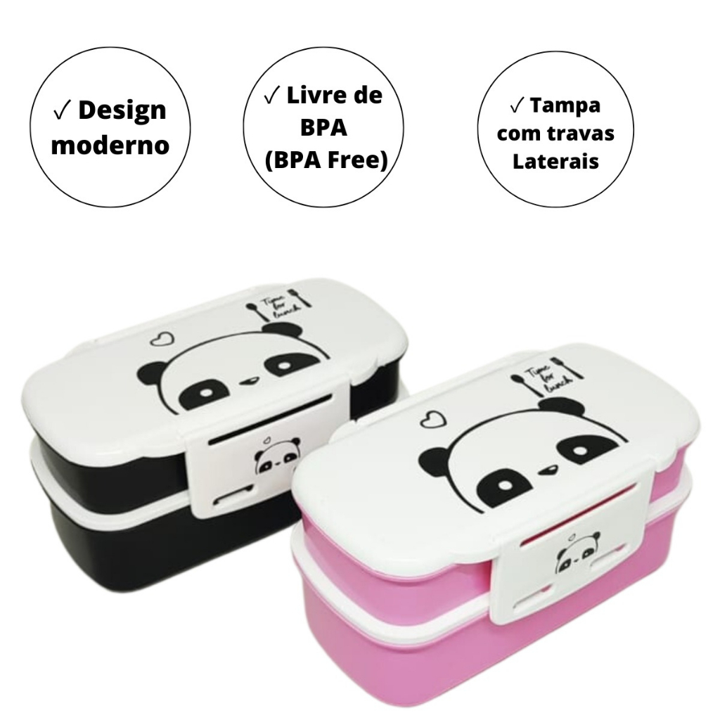 Lancheira Infantil De Plástico Panda Com Talheres E Divisórias Marmitas ...
