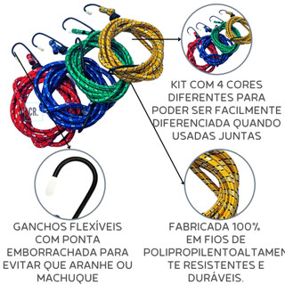 Corda Elástica Para Pagageiro Kit 4 Cordas de 1,50mt x 8mm P/ Moto ou ...