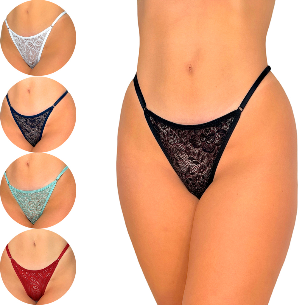 Kit 05 Calcinhas De Renda String Com Regulagem Fio Dental Sexy Tanga