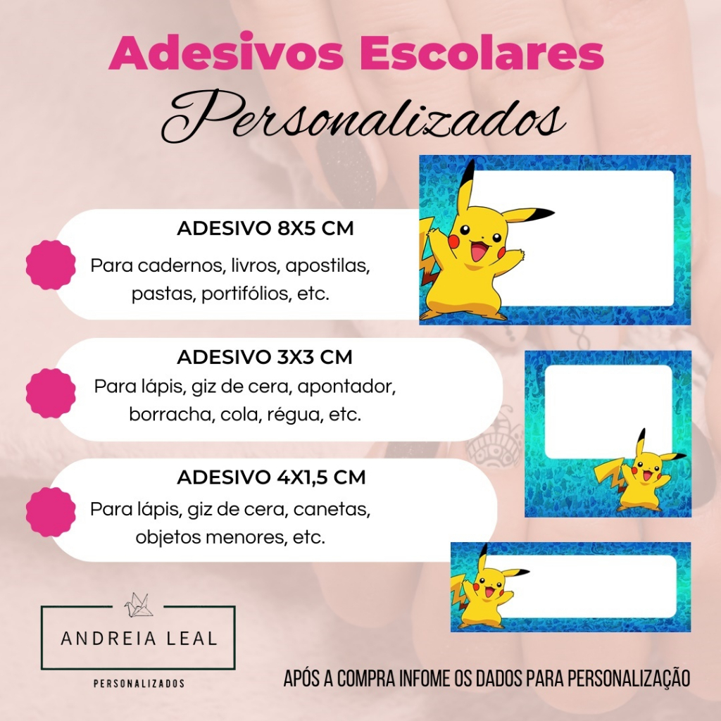 Kit com 100 Etiquetas Adesivas Escolares Personalizadas - Pikachu ...